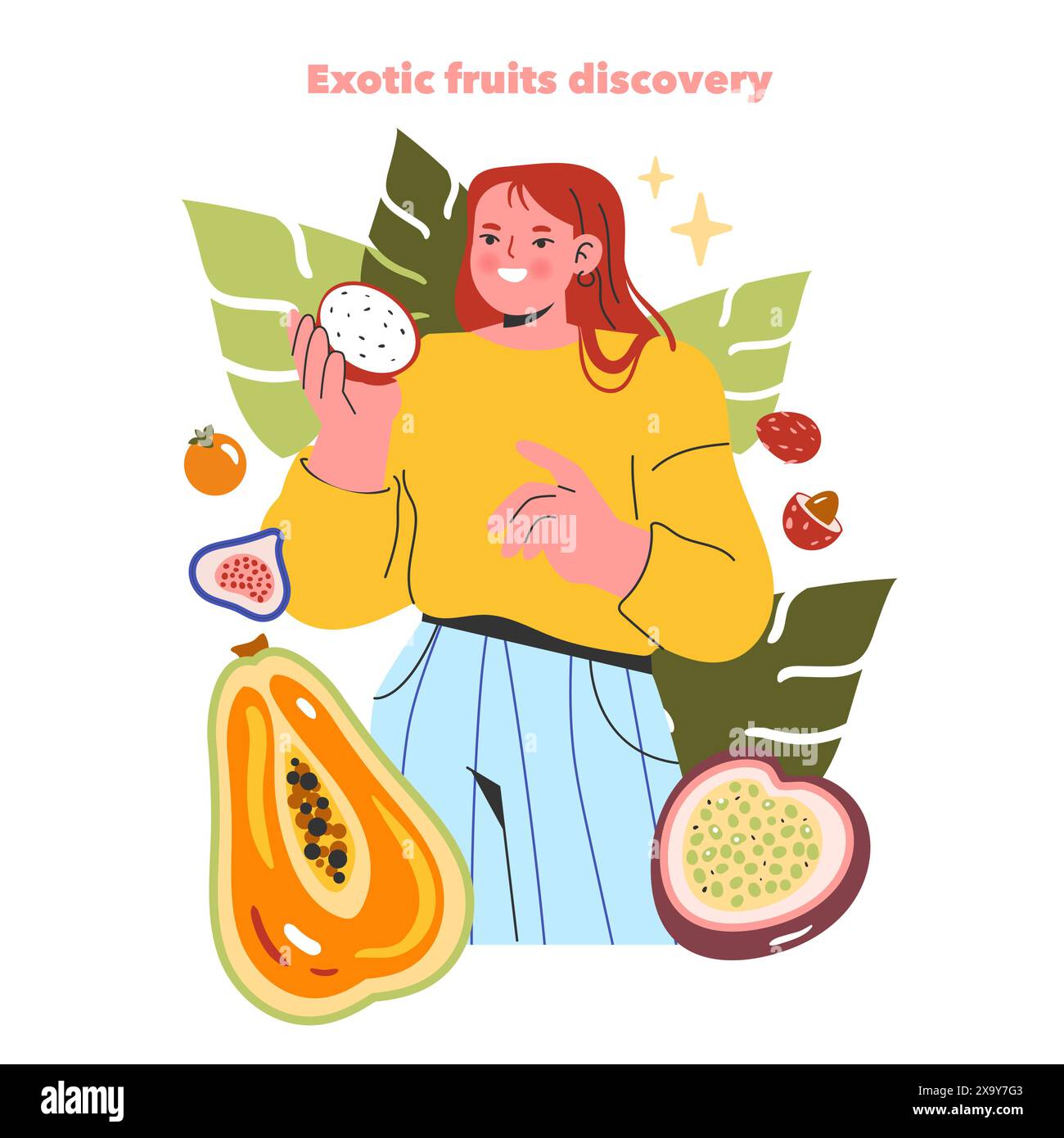 Exotic Fruits Discovery concept. Enthusiastic woman exploring diverse ... Exotic Fruits Discovery concept. Enthusiastic woman exploring diverse ...