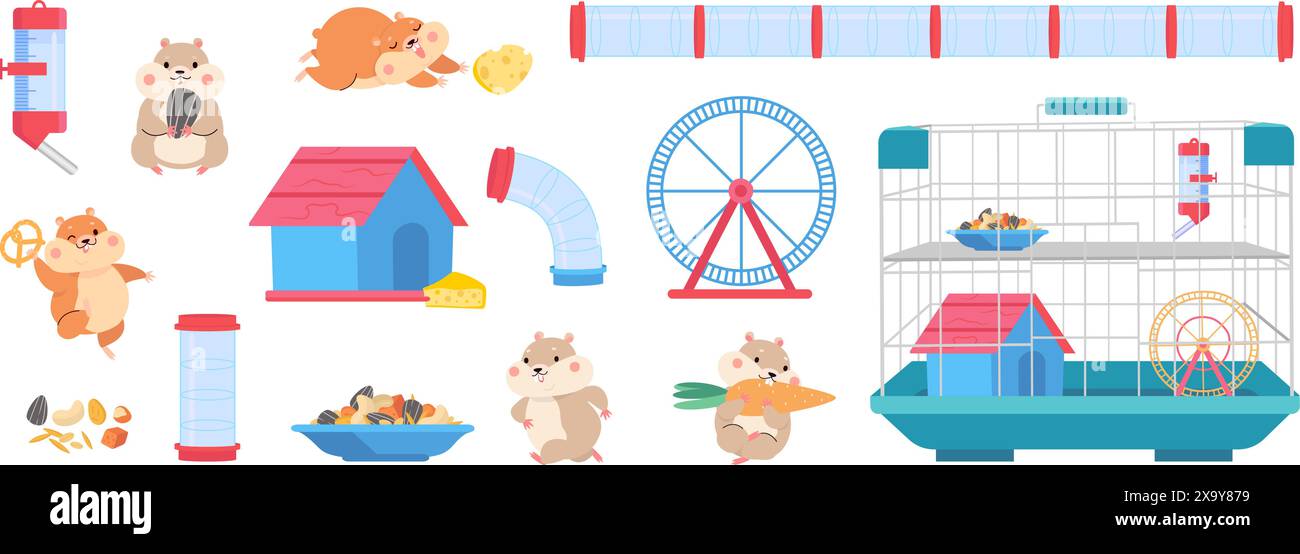 Hamster equipment. Cartoon hamsters, cage tools for playing, eating ...