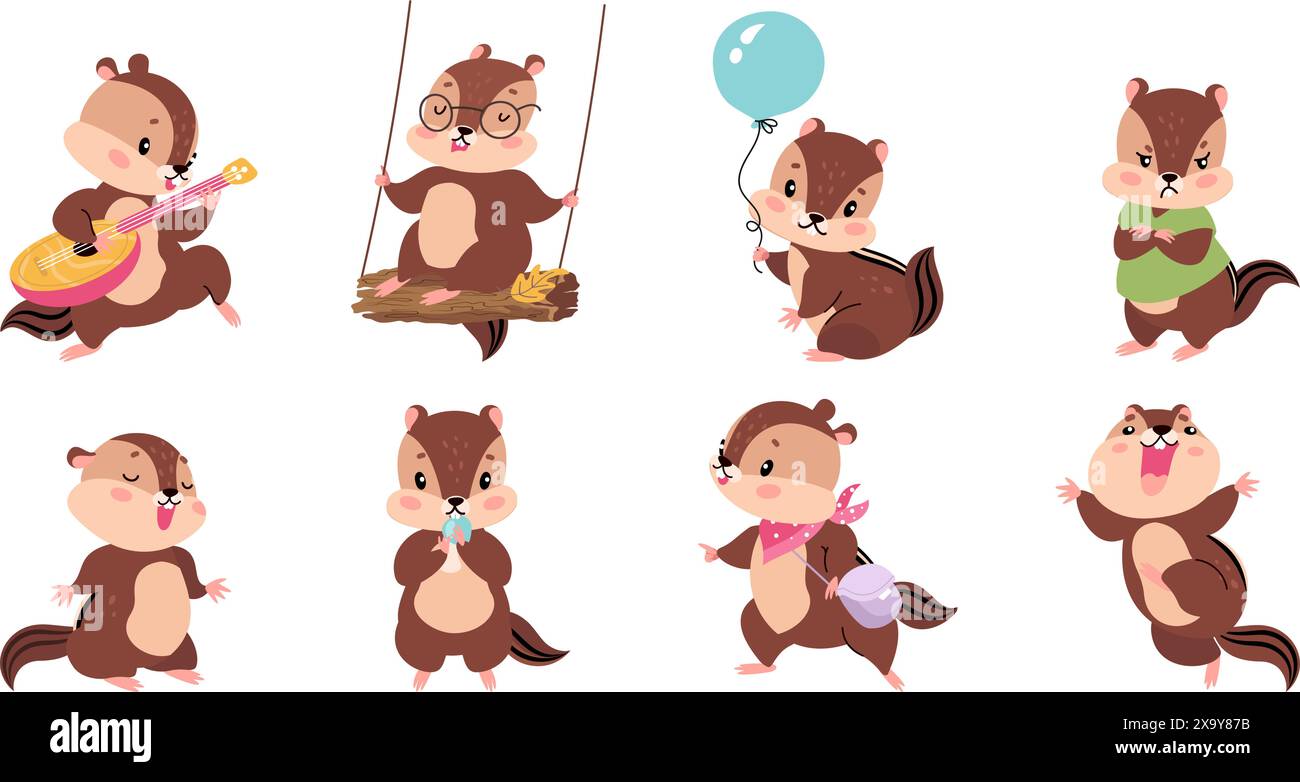 Cartoon chipmunk set. Isolated cute chipmunks different activities ...