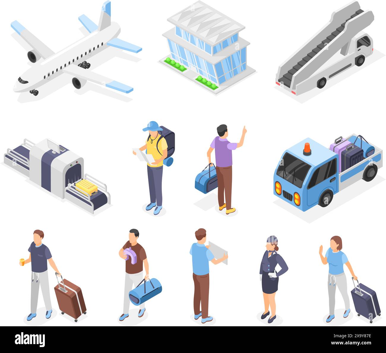 Isometric airport elements. Travelers with suitcases, luggage control ...