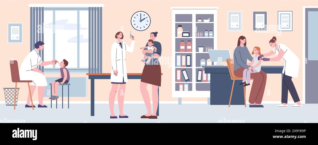 Children vaccination scene. Kids and medical staff, doctors and nurses ...