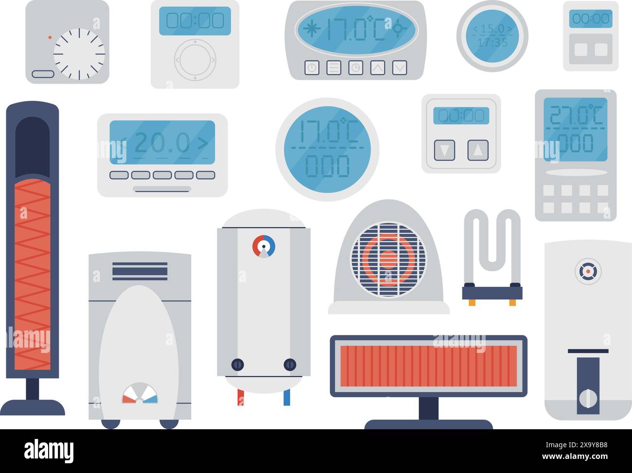 Cartoon thermostat and heating systems. Flat radiator icons, cooling controllers and indicators ...