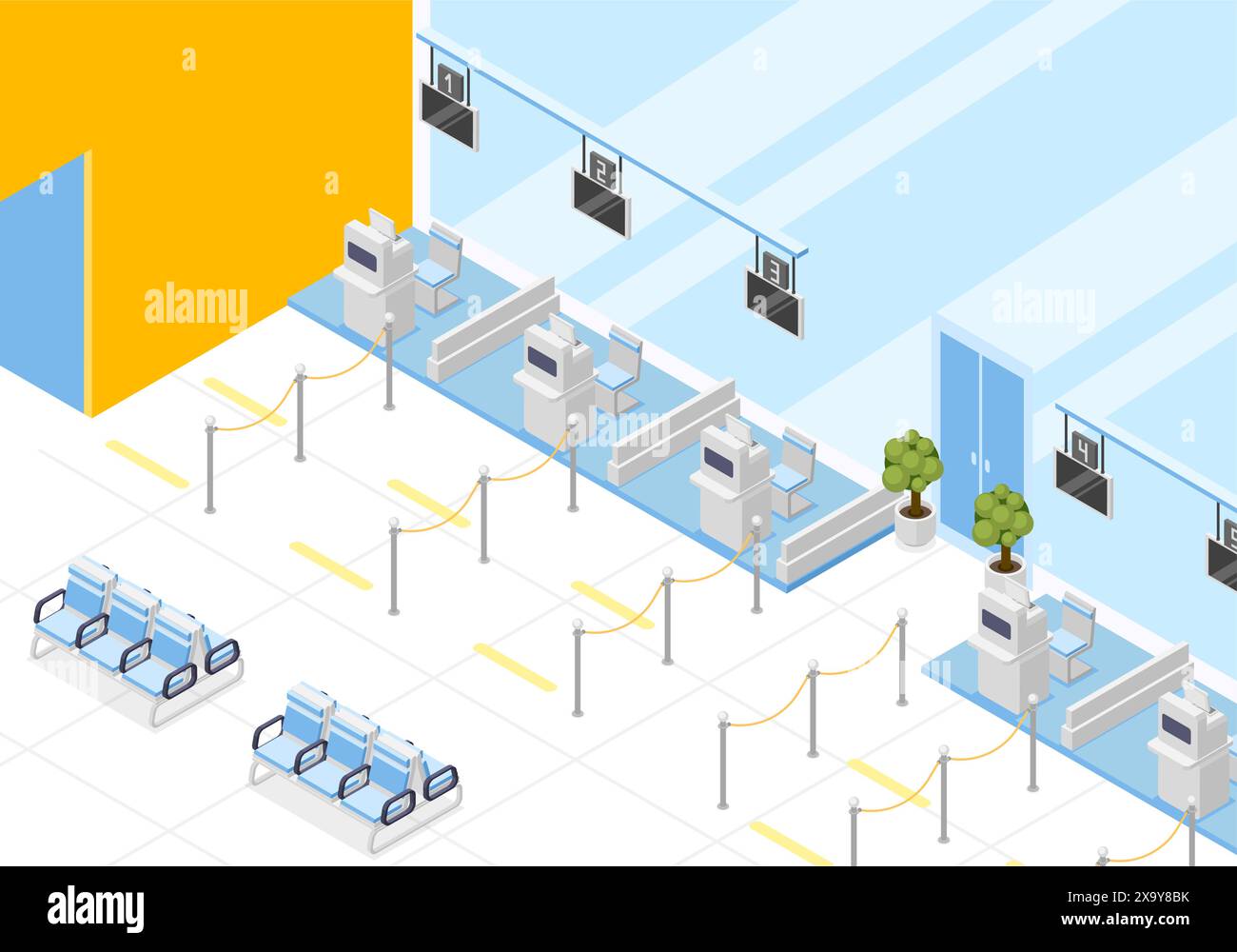Isometric airport check-in zone interior. Counters and baggage claim ...