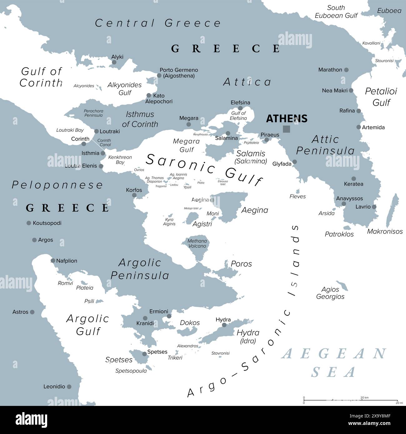 Argo-Saronic Gulf, Saronic and Argolic Gulf of Greece, gray political ...