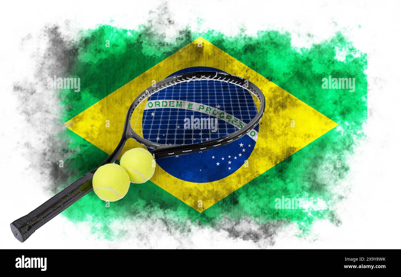 White background with Brazil flag and tennis racket with balls Stock ...