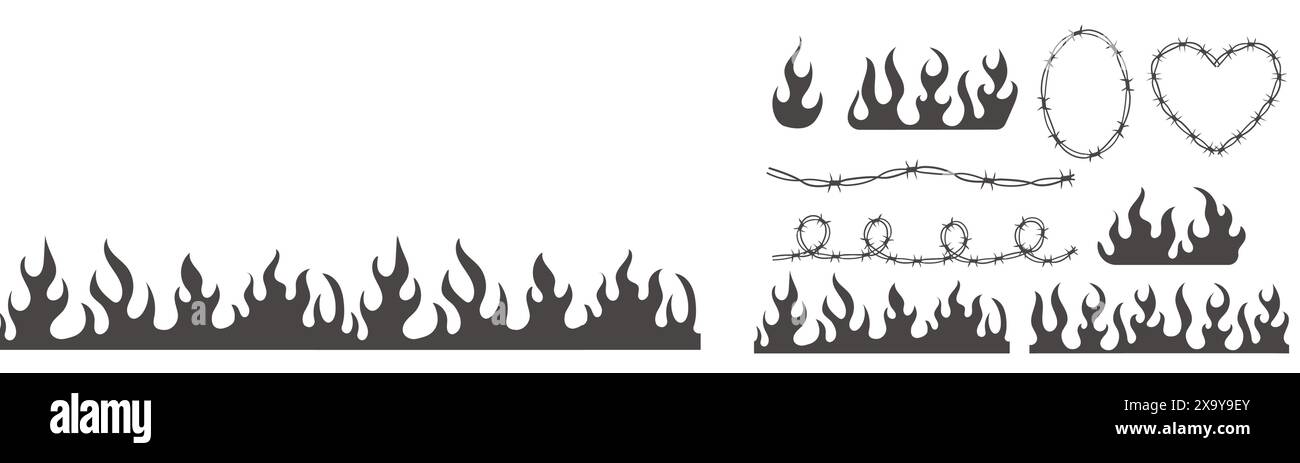 Set Wire Barb heart, oval frame y2k tattoo border, flame silhouette ...