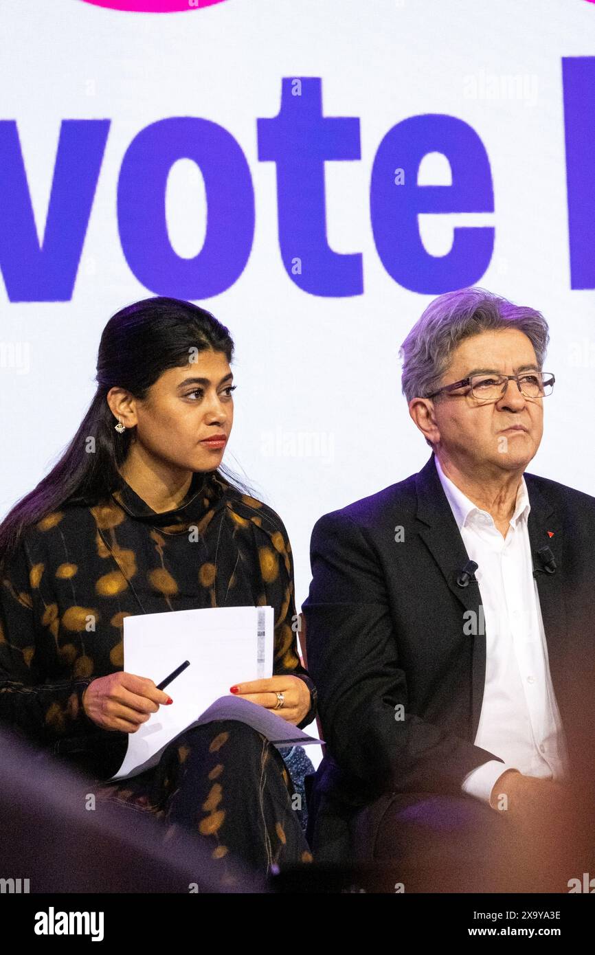 Jean-Luc Melenchon with Rima Hassan at the campaign meeting for the ...