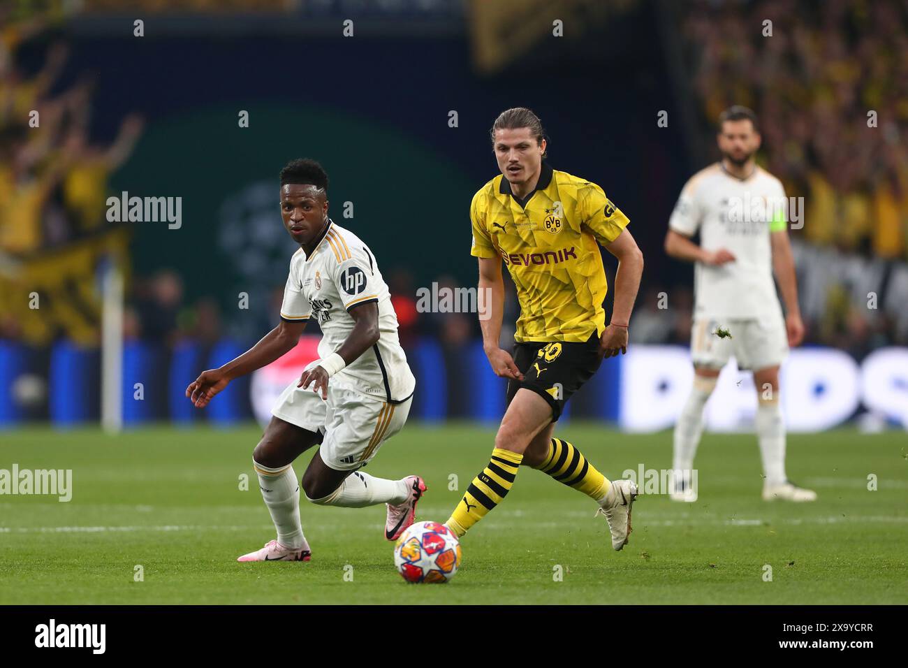 Marcel Sabitzer of Borussia Dortmund and Vinicius Junior of Real Madrid ...