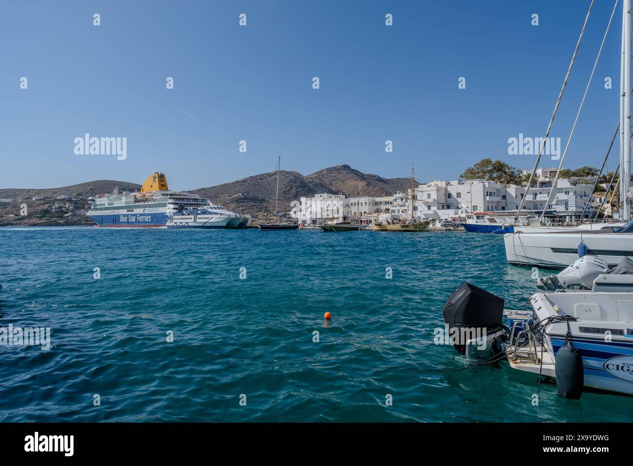 Ios, Greece - May 3, 2024 : View of boats, luxury sailboats and two ...