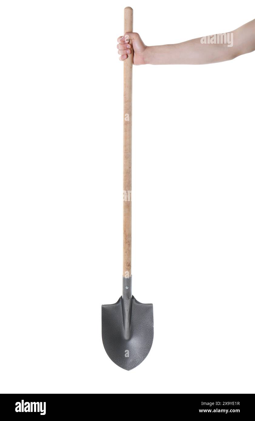 Man holding shovel on white background, closeup Stock Photo - Alamy