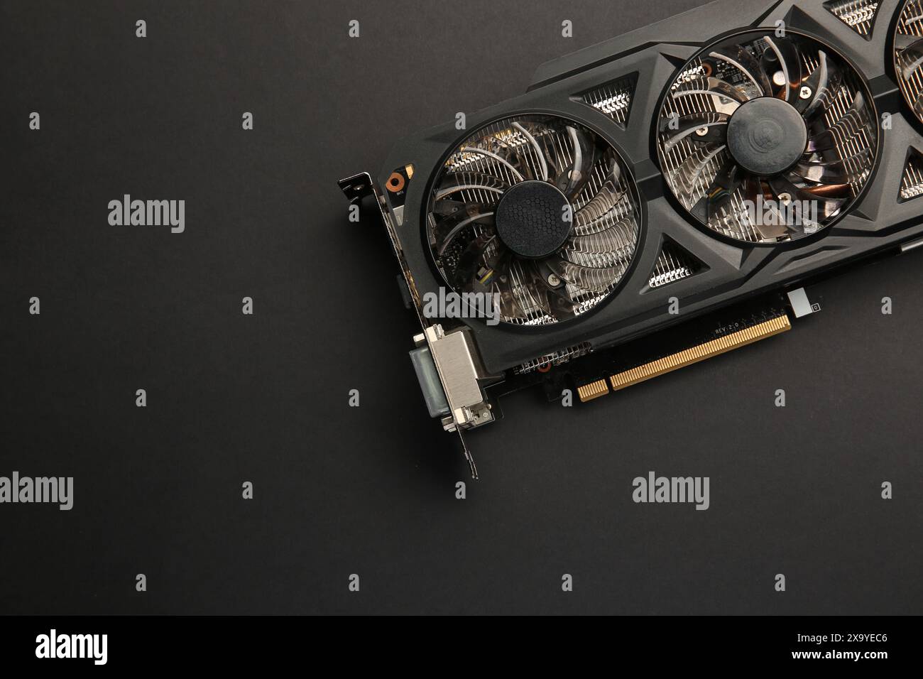 One graphics card on black background, top view. Space for text Stock ...