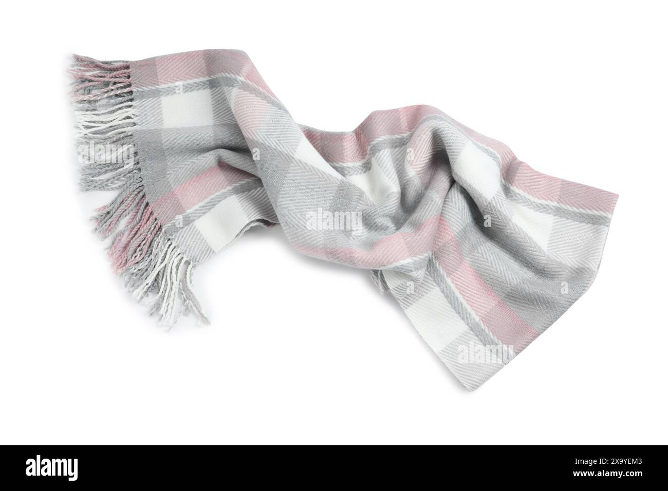 One beautiful checkered scarf on white background, top view Stock Photo ...