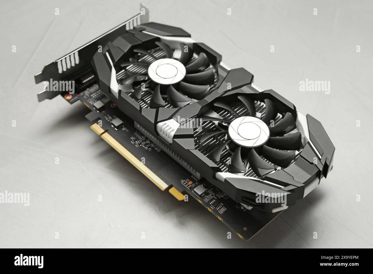 Computer graphics card on gray textured background, closeup Stock Photo ...
