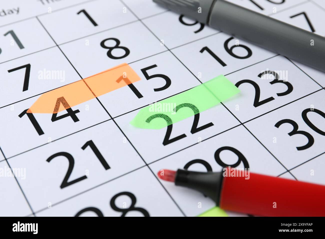 Timetable. Calendar page with marked dates and felt pens, closeup Stock ...