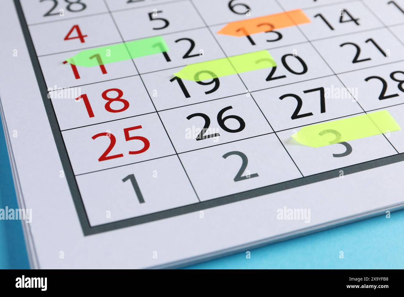 Timetable. Calendar page with colorful sticky notes on light blue ...