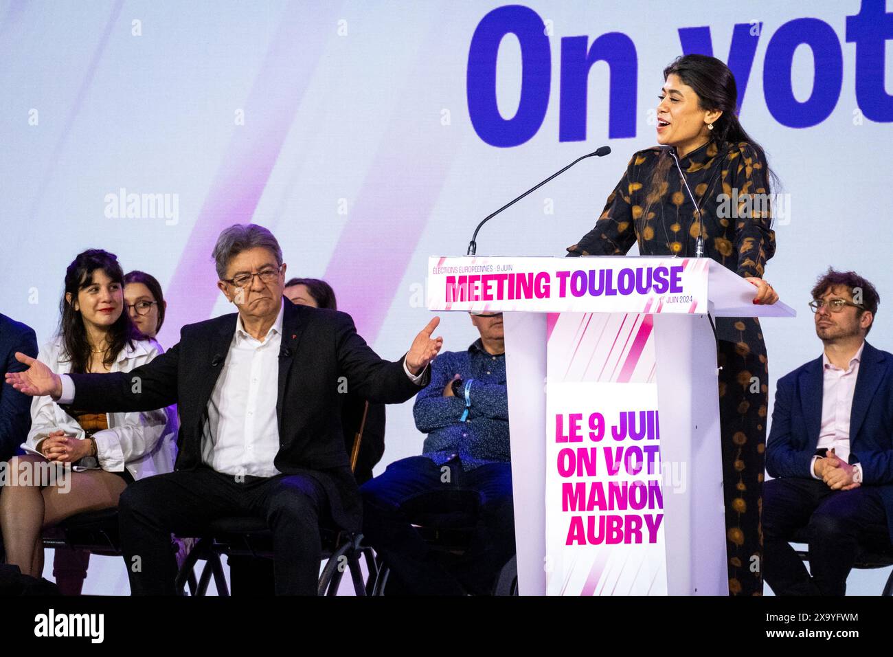 Jean-Luc Melenchon with Rima Hassan at the campaign meeting for the ...
