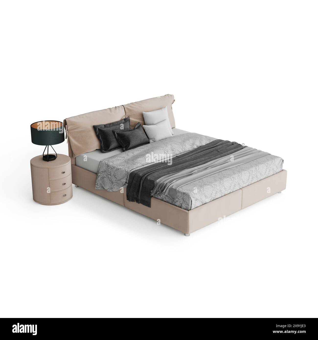 A 3D illustration of a bed adorned with multiple pillows on a white ...