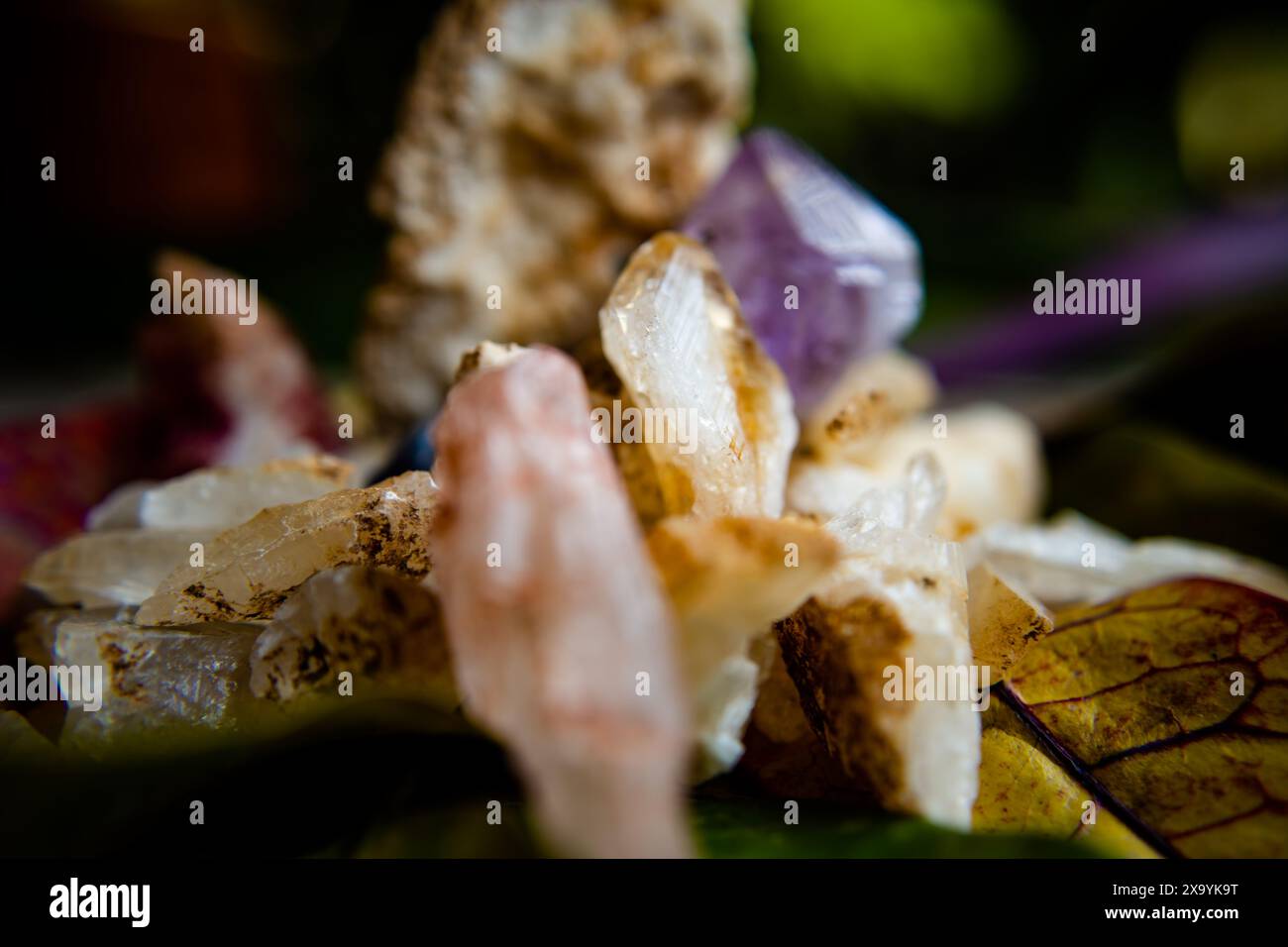 Various gemstones and crystals displayed on a plate atop a table Stock ...