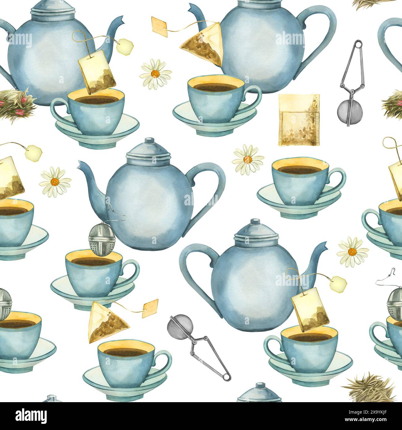 Watercolor pattern on a tea theme. Teapot, cup of tea, tea leaves ...