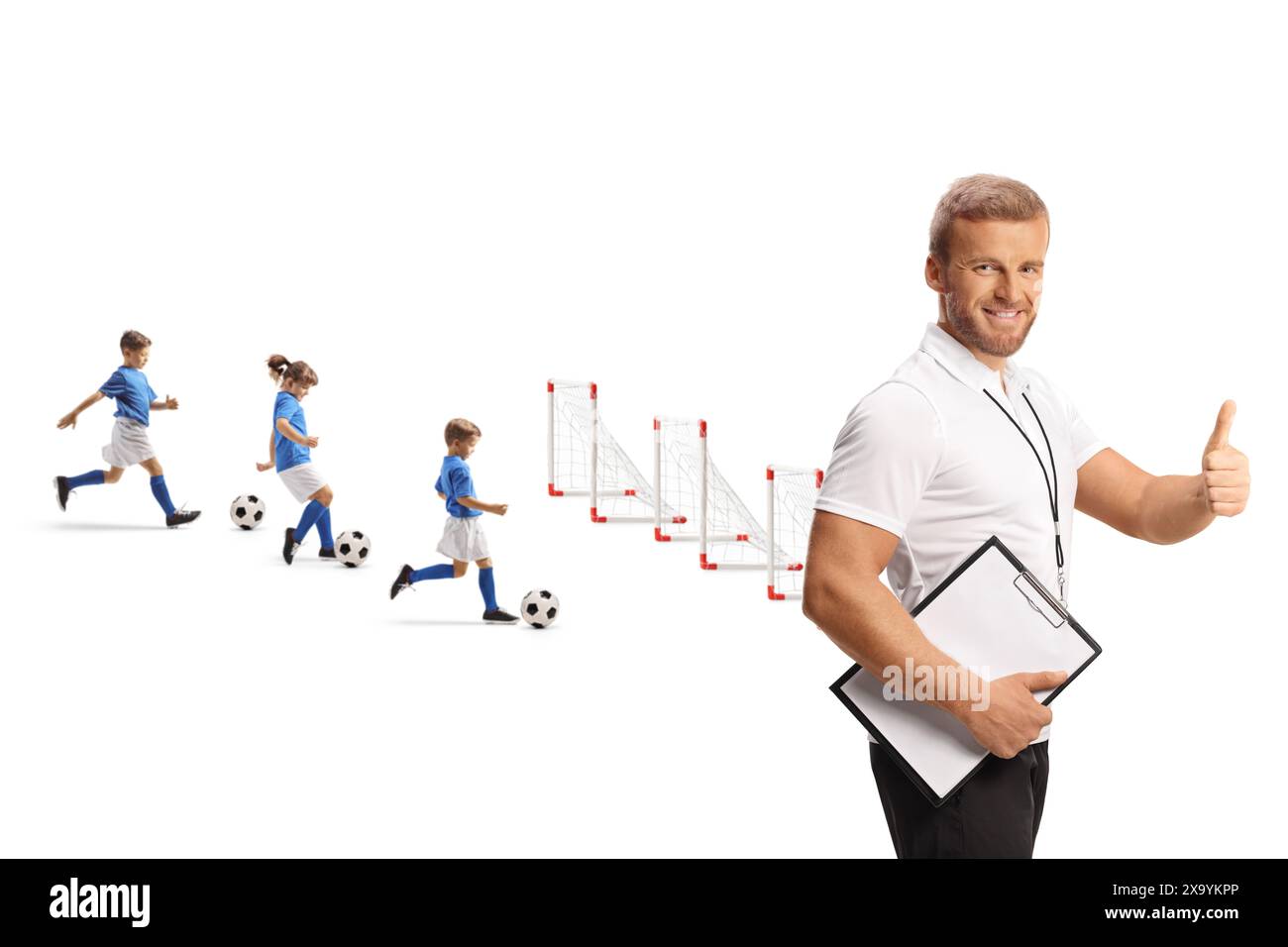 Children running with footballs towards goals and man gesturing thumbs ...