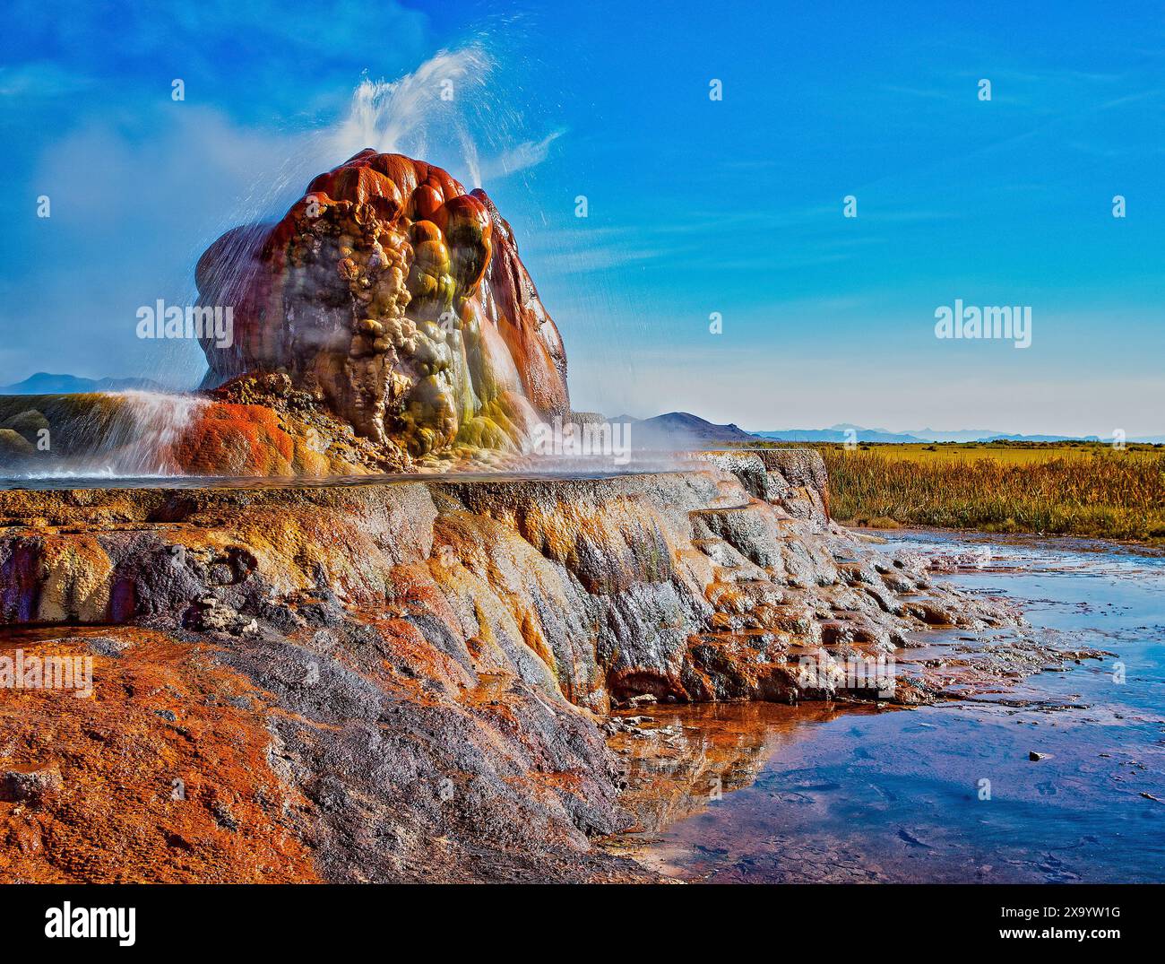 A big hot spring with steam rising from water: Fly Geyser. Nevada Stock ...