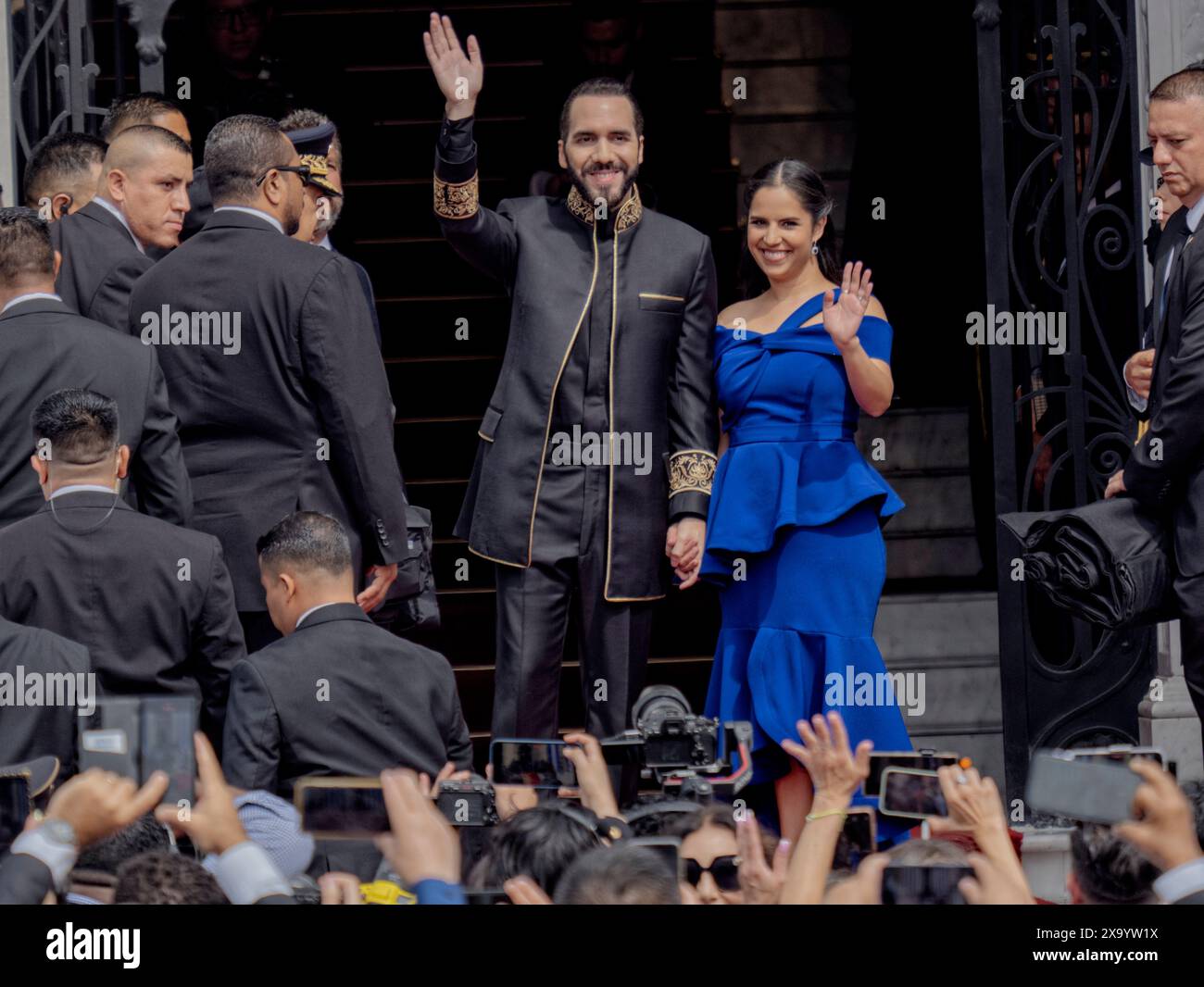 San Salvador, El Salvador. 01st June, 2024. Nayib Bukele (M) and his ...