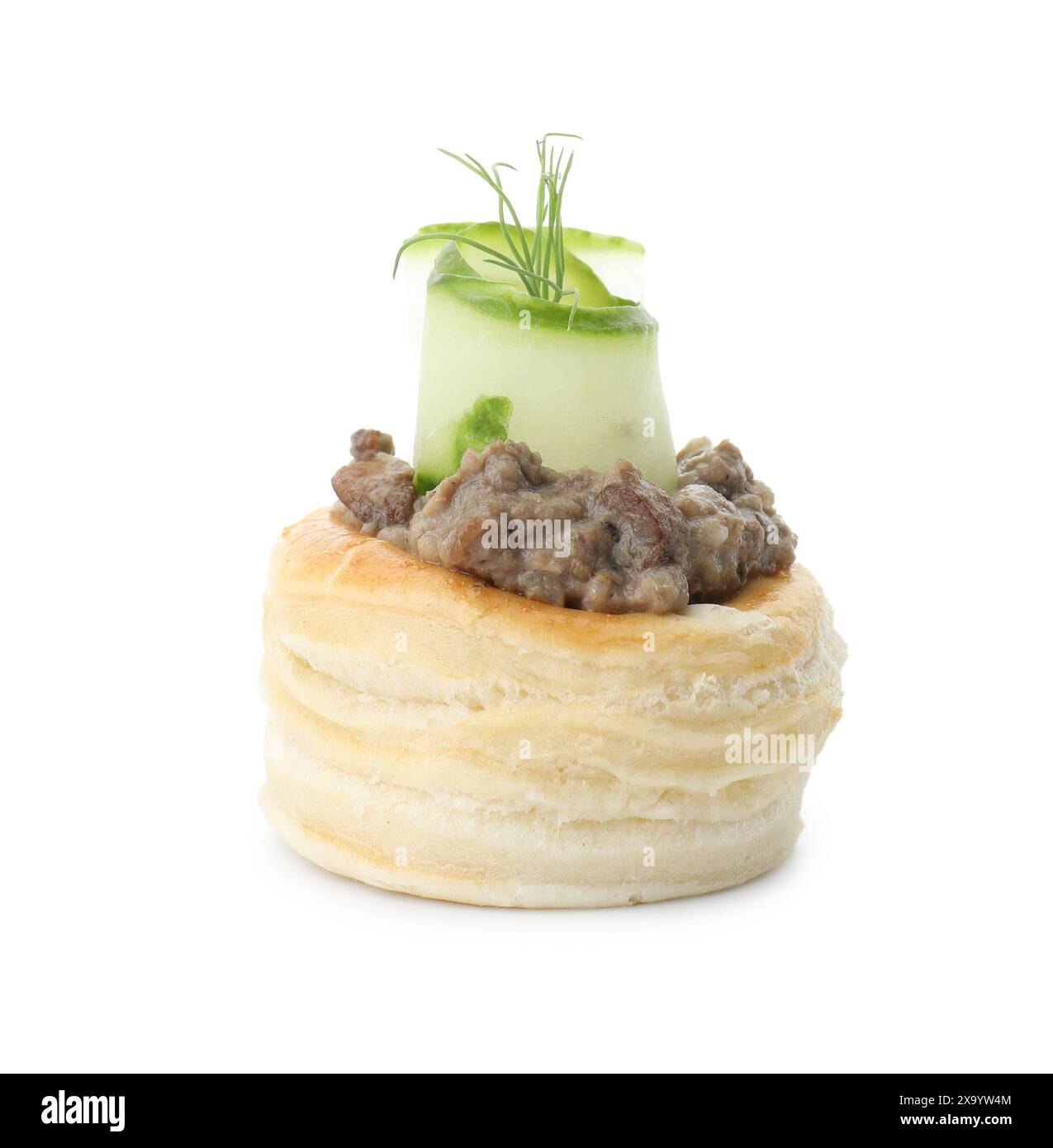 Delicious puff pastry with mushrooms, cucumber and dill isolated on ...