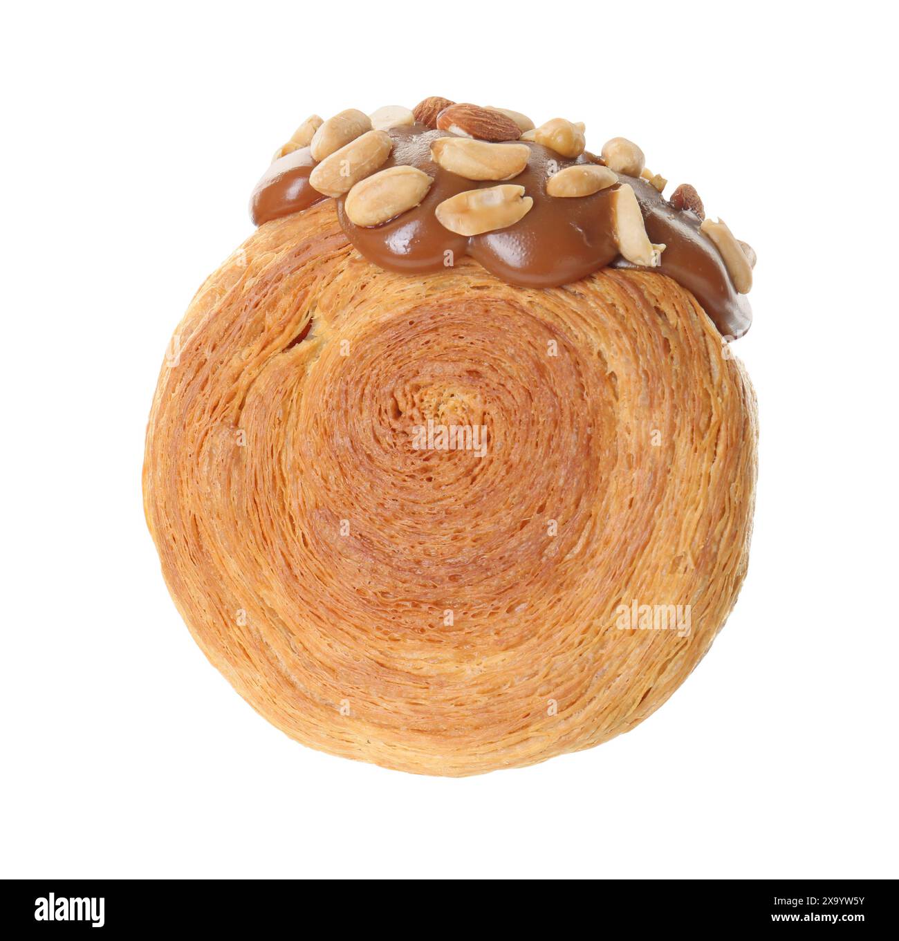 One supreme croissant with chocolate paste and nuts on white background ...