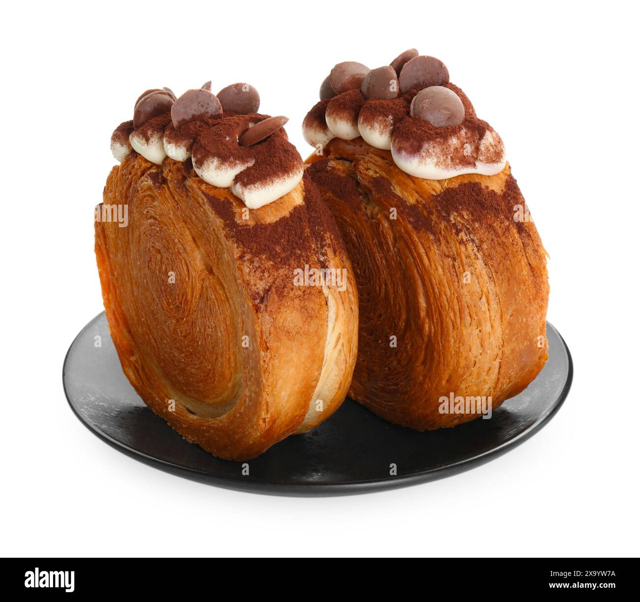 Round croissants with chocolate chips and cream isolated on white ...