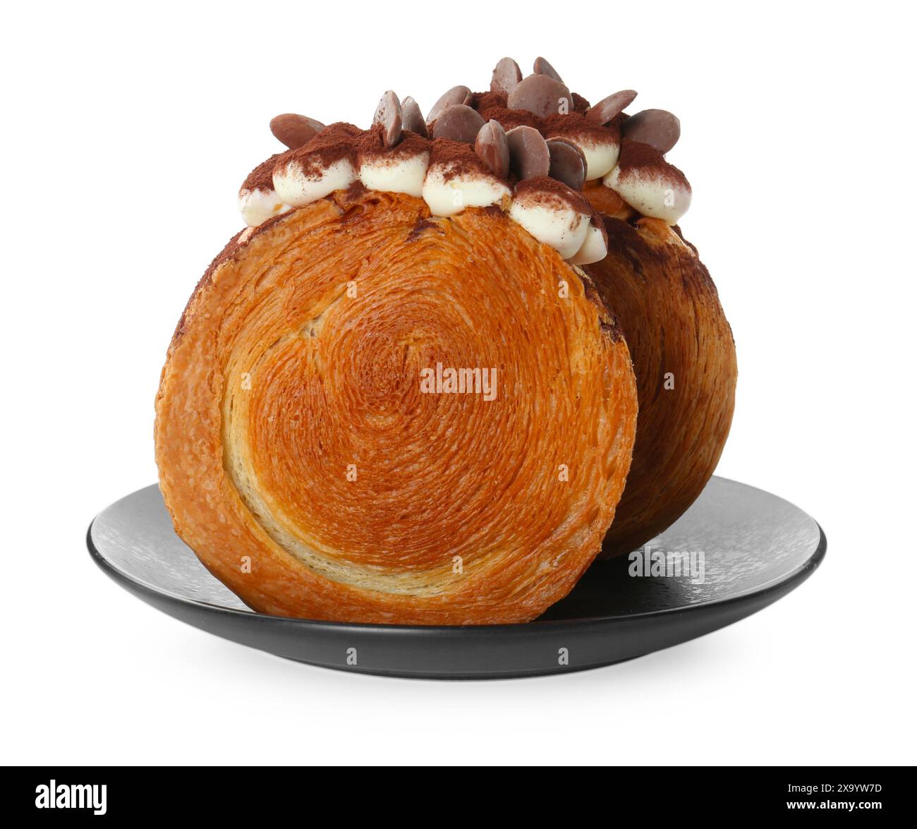 Round croissants with chocolate chips and cream isolated on white ...