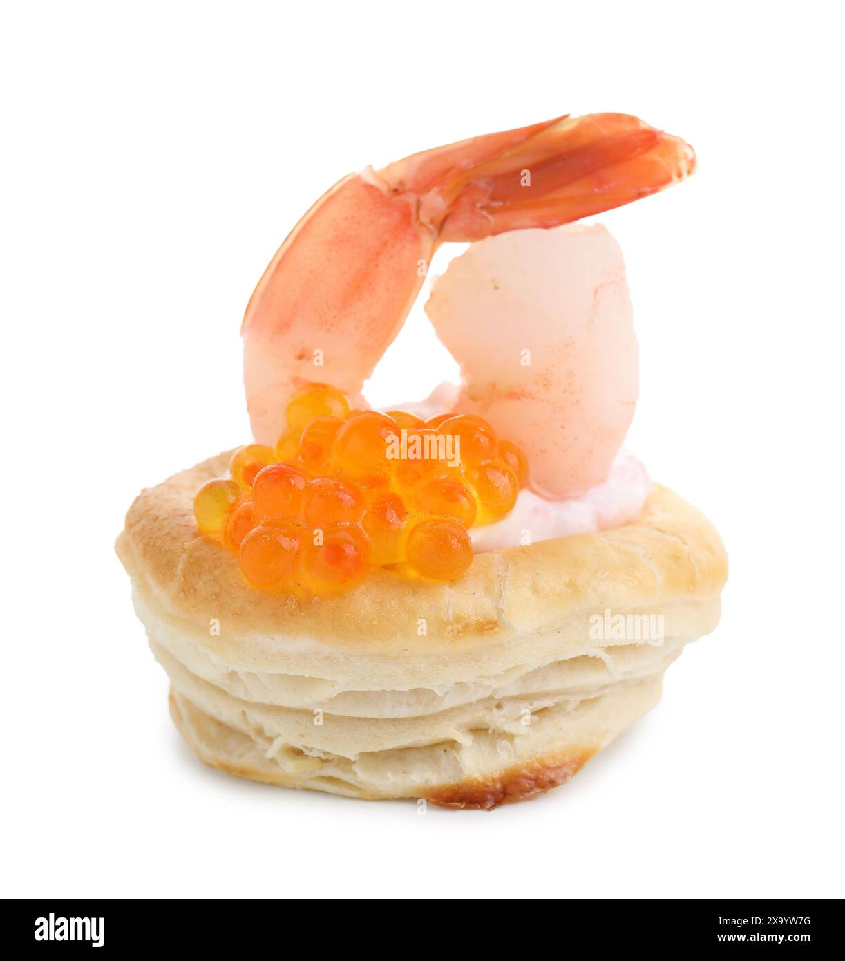 Delicious puff pastry with shrimp, cream cheese and red caviar isolated ...