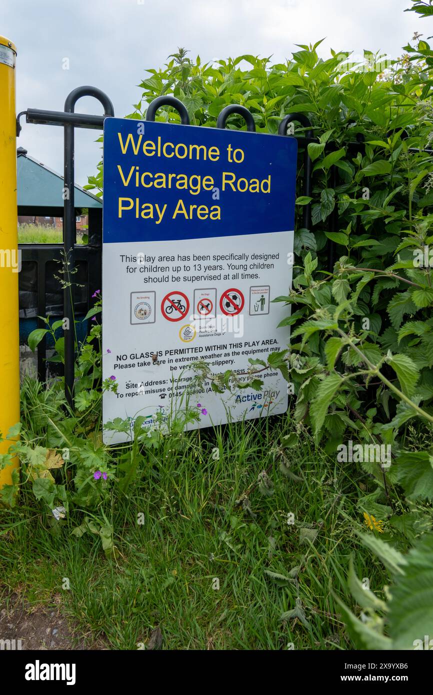 Entrance sign to Vicarage Road Playing Fields Play Area Stock Photo - Alamy