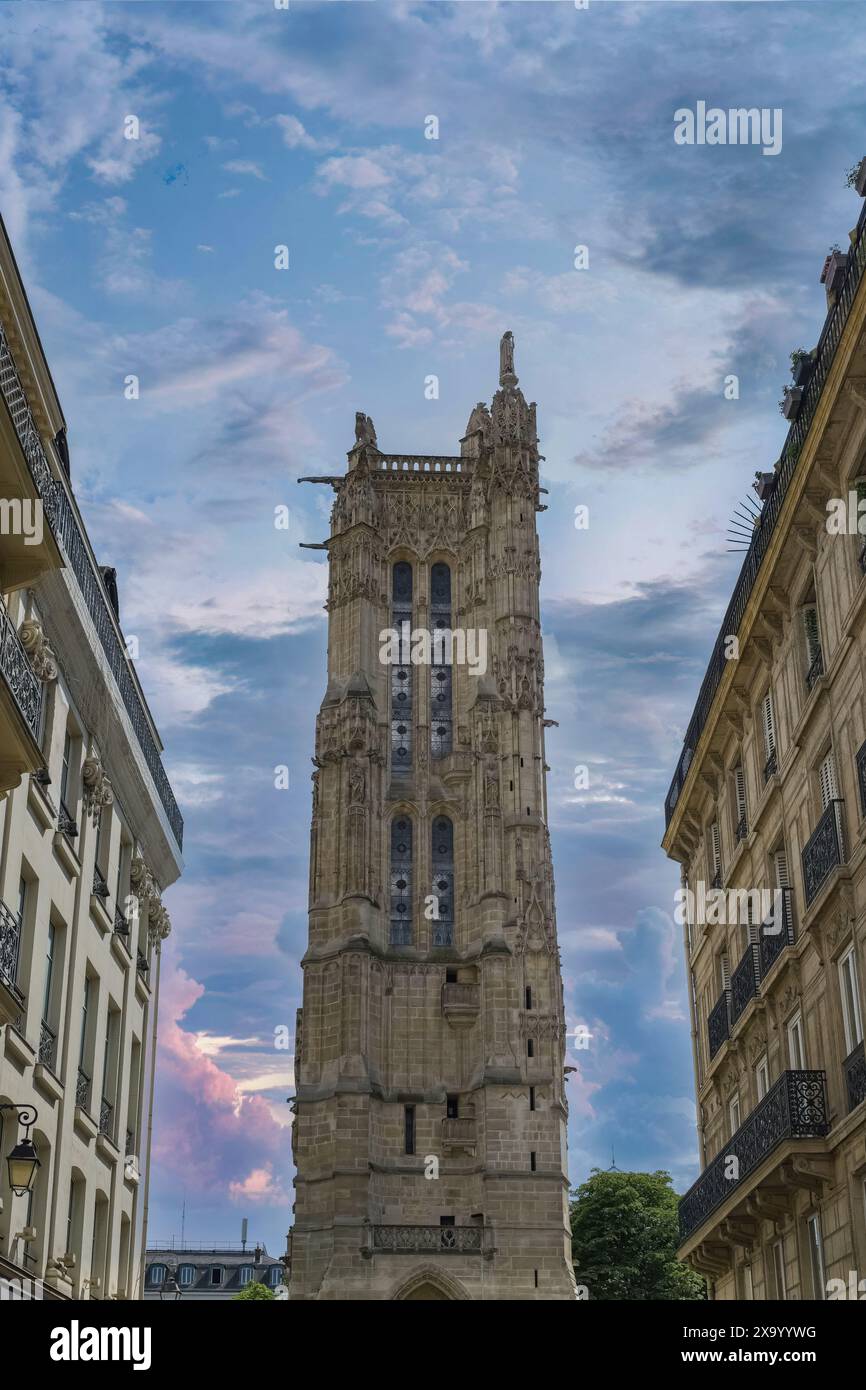 Paris, the Saint-Jacques tower in the historical center, in a public ...
