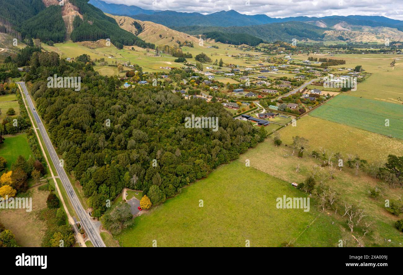 An aerial view of rural landscape with fields, peaks, and valley: New ...