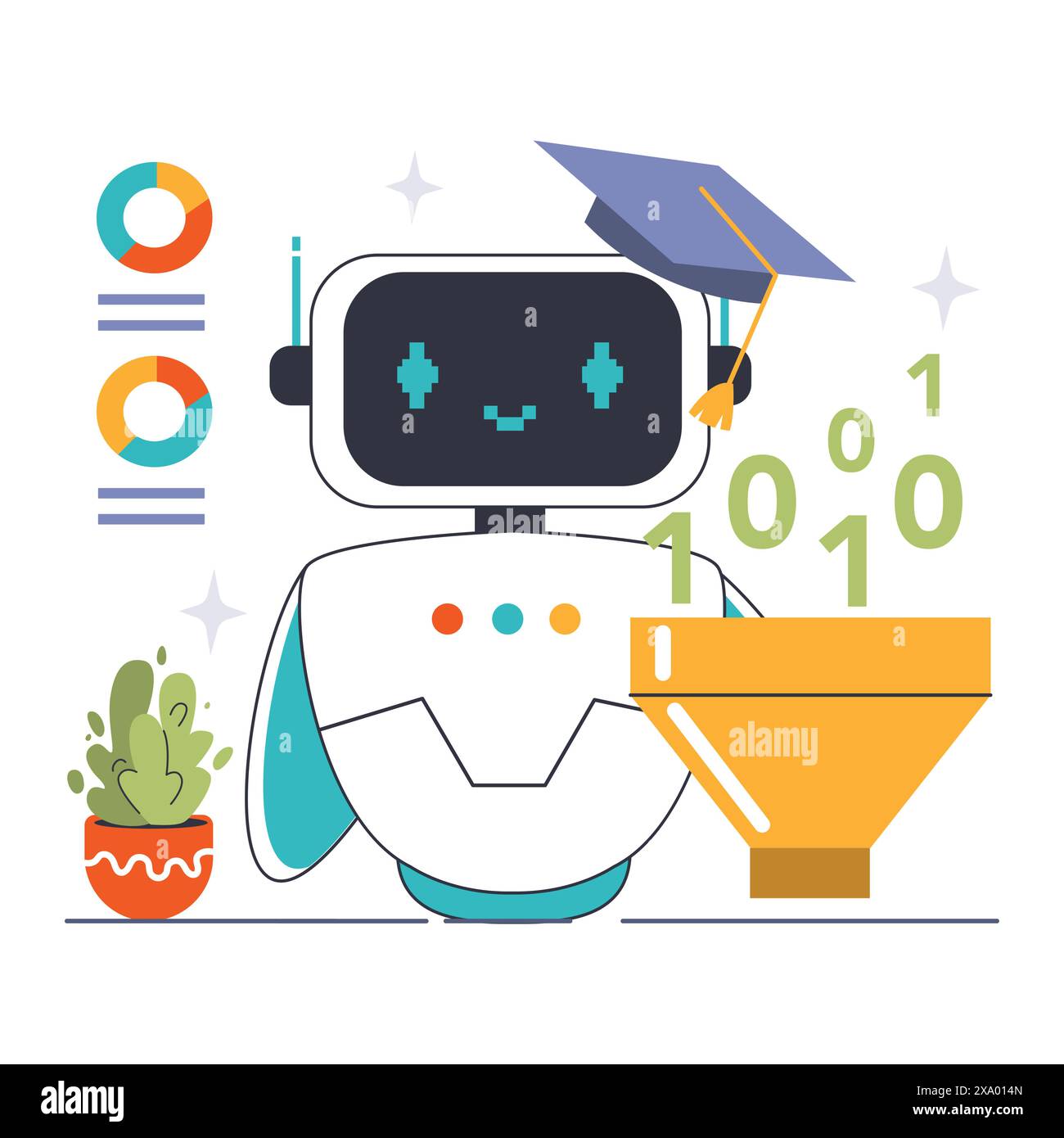 Machine Learning concept. An endearing robot with graduation cap ...