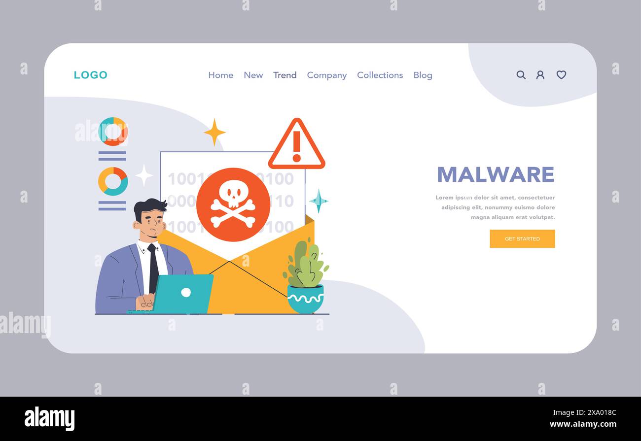 Digital virus threat web or landing. Tech-savvy woman analyzes menacing ...