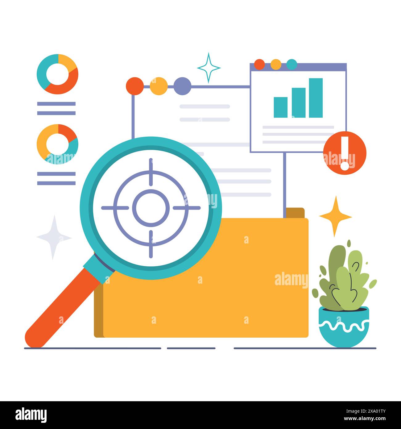 Project scope concept. Detailed illustration featuring magnifying glass on folder, indicative ...