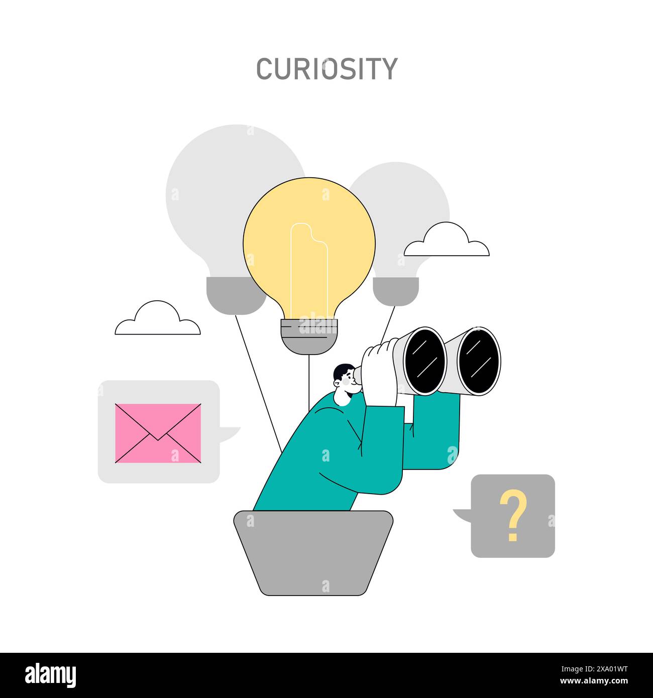 Soft Skills concept. A person using binoculars seeking ideas symbolized ...