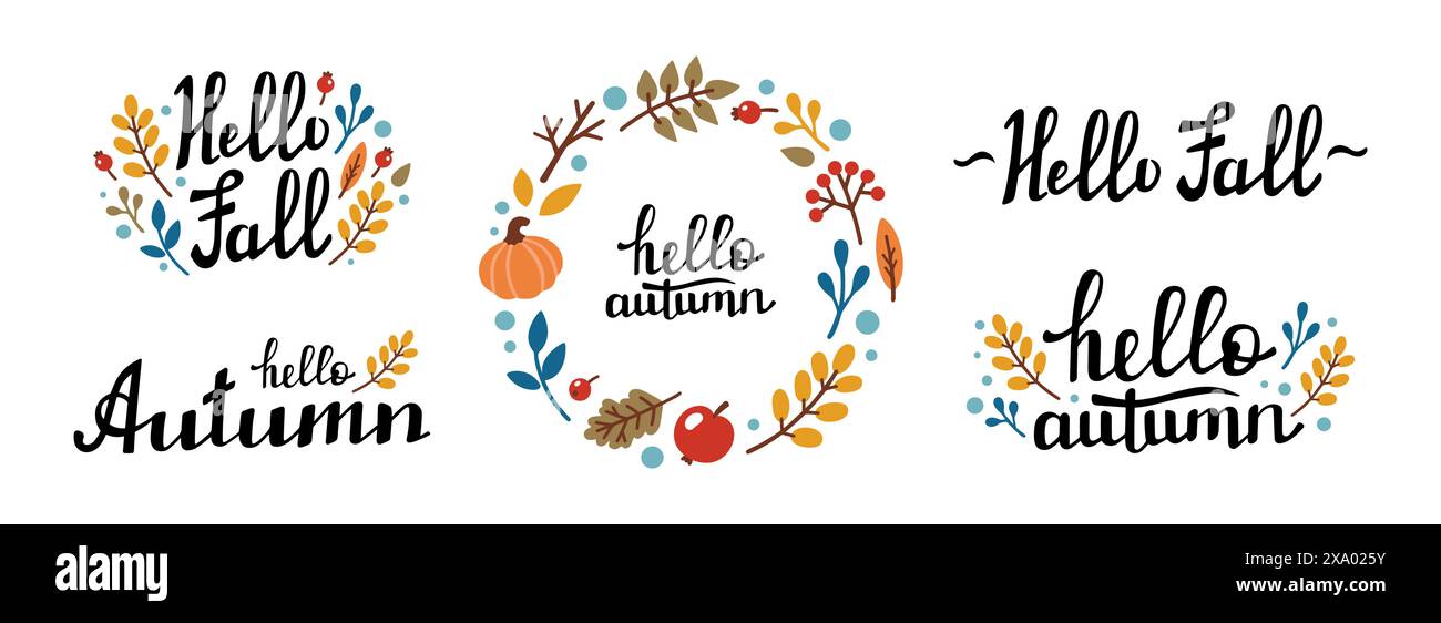 Decorative round frame with autumn elements and lettering HELLO AUTUMN ...