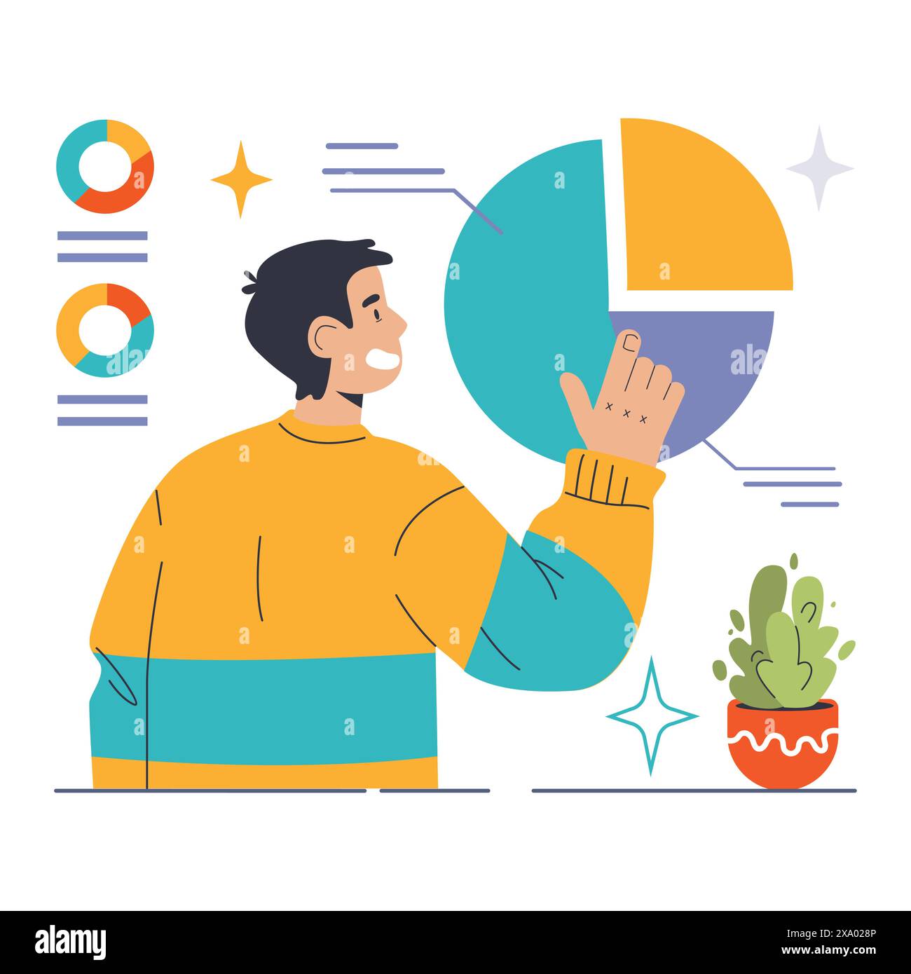 Segmentation concept. Man analyzing a pie chart, breaking down data ...