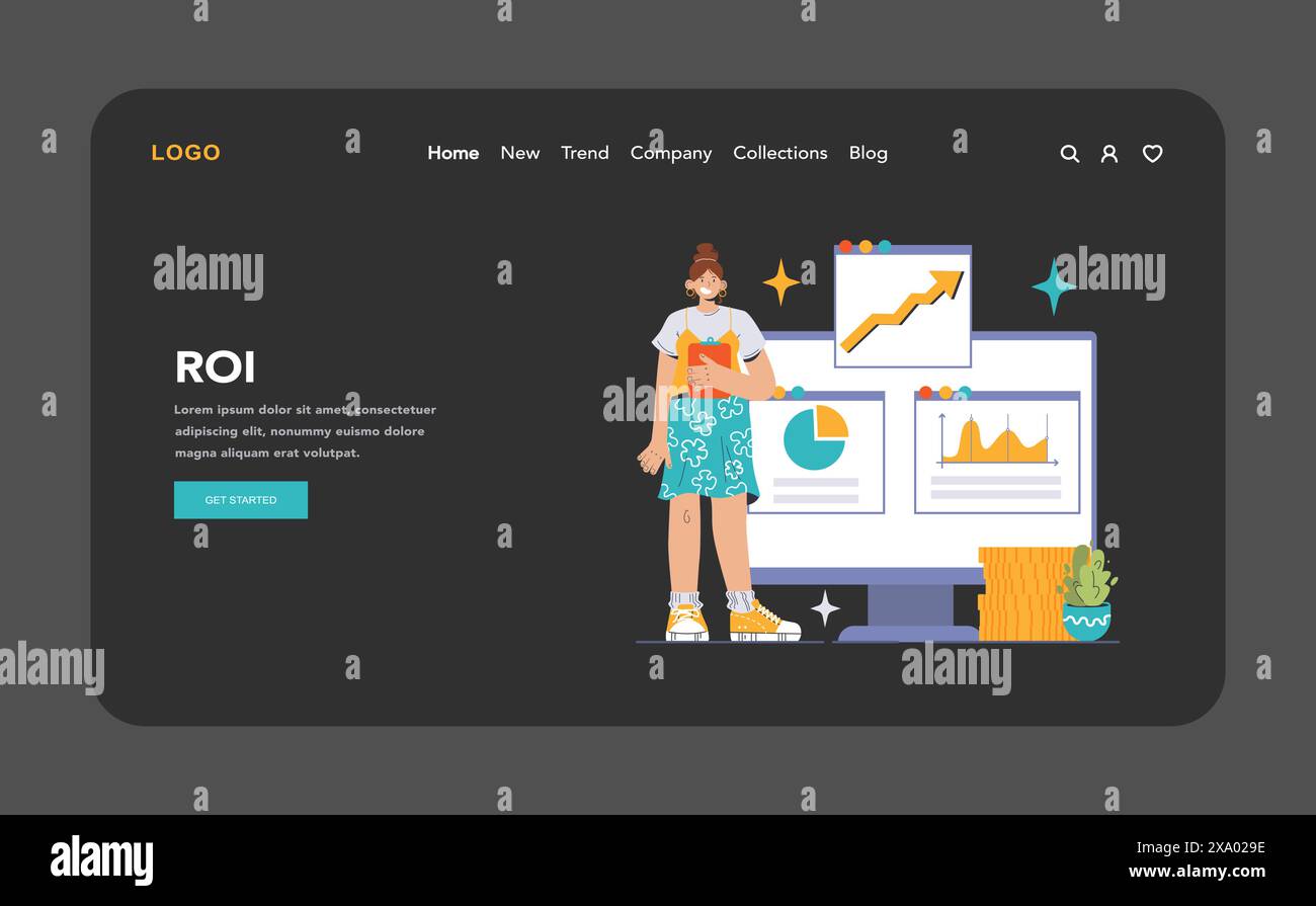ROI dark or night mode. Modern woman analyzing rising trend graphs, pie ...