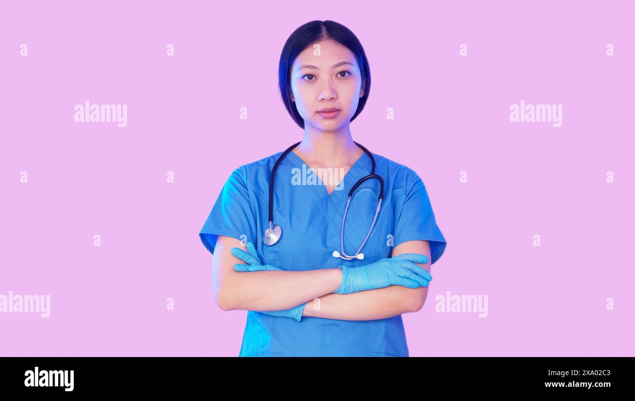 Emergency nurse. Ambulance service. Neon light serious responsible ...