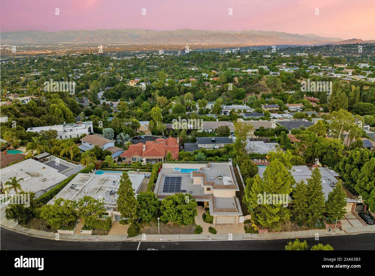 The Los Angeles suburbs framed by scenic mountains in Encino ...