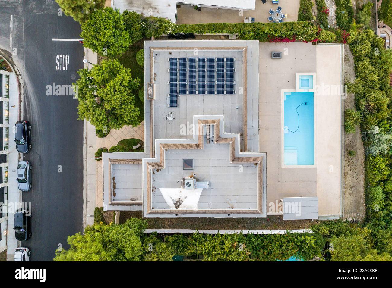 An aerial view of home's pool and garage area in Encino, California ...