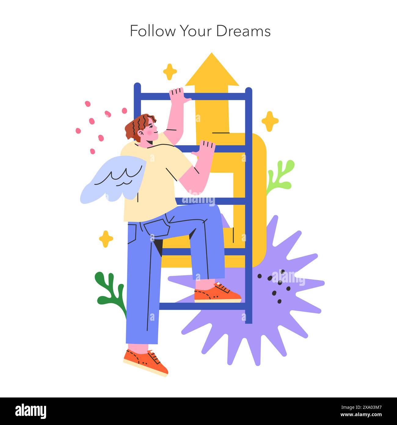 YOLO concept. An individual climbs a metaphorical ladder with wings ...