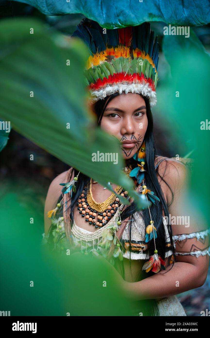 Beautiful woman of a traditional ethnic group inside a big leaves Stock ...