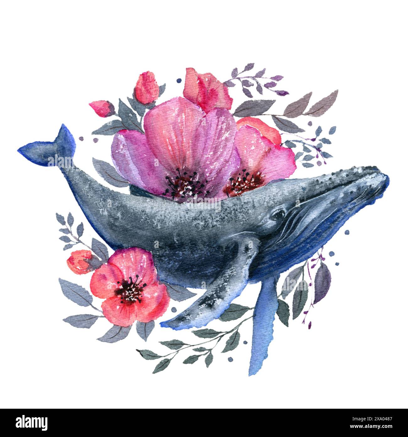 Whale composition with flowers and leaves watercolor hand drawn ...