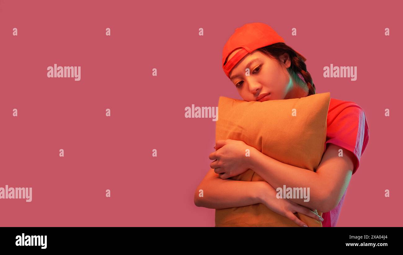 Teenager stress. Depressed girl. Lonely upset young woman embracing ...