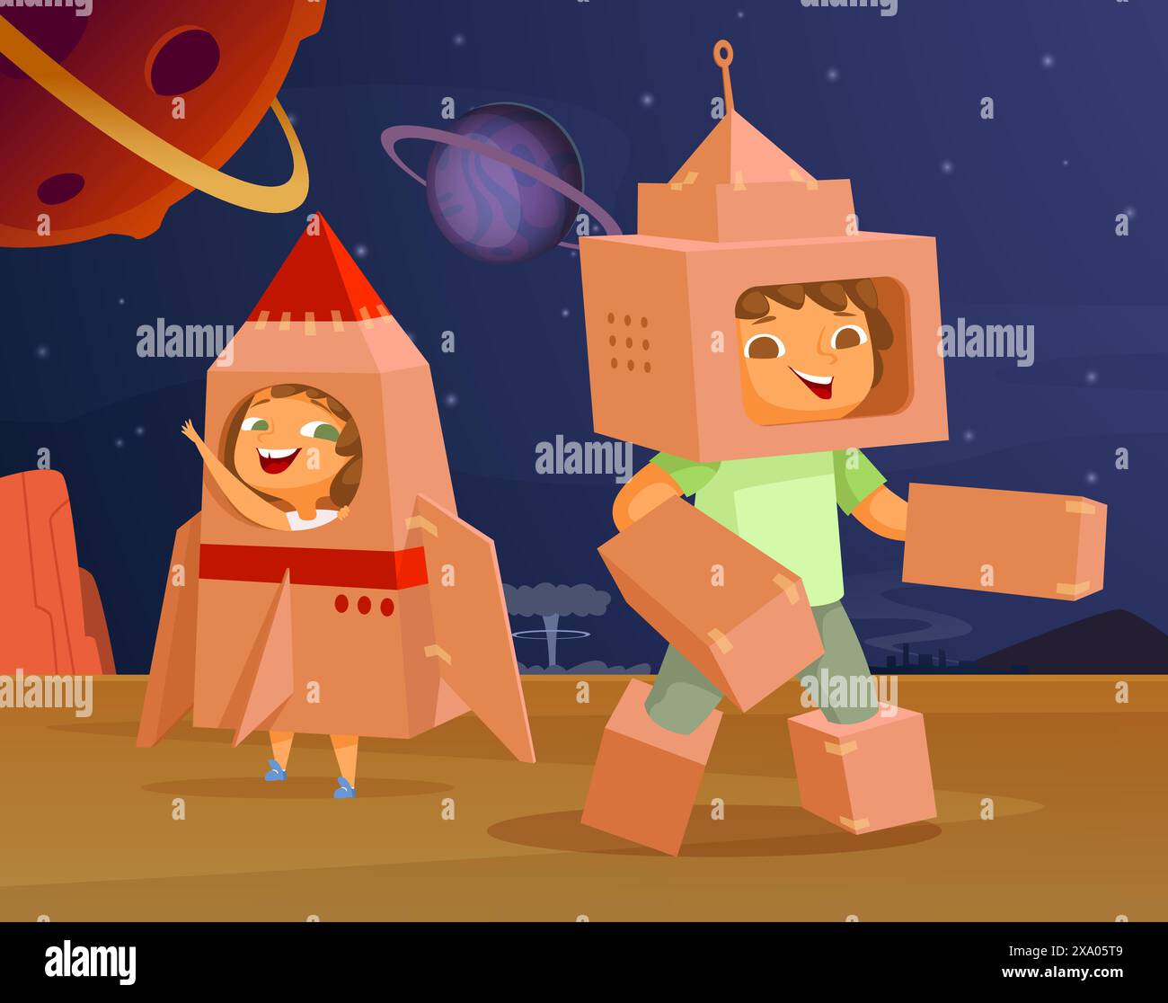 Kids in cardboard boxes. happy children playing with cardboard costumes ...