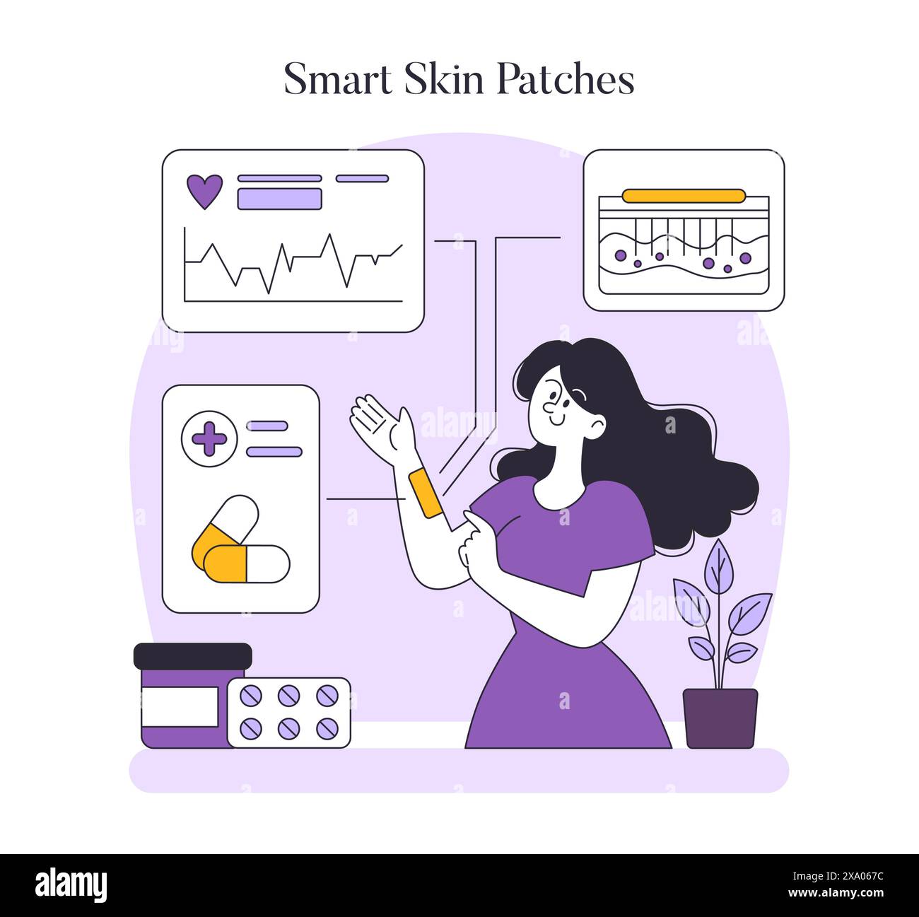 Skincare innovation concept. Woman using a smart skin patch connected ...